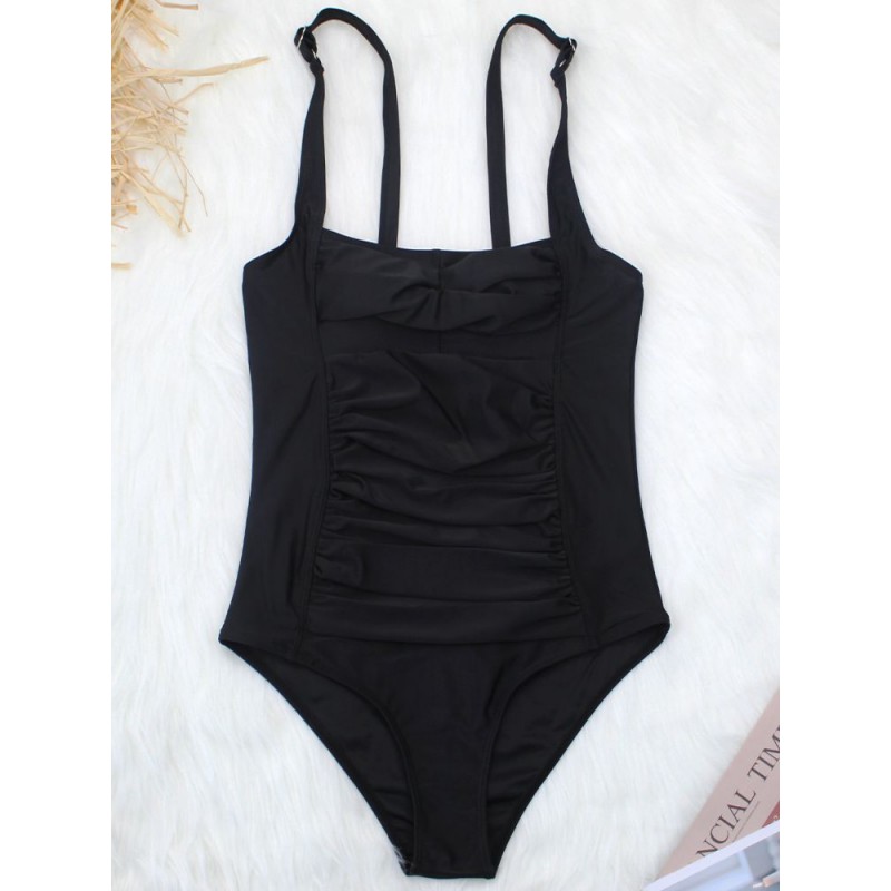 Swimwear Women One Piece Retro Black Swimsuit Strappy Beach Bathing ...