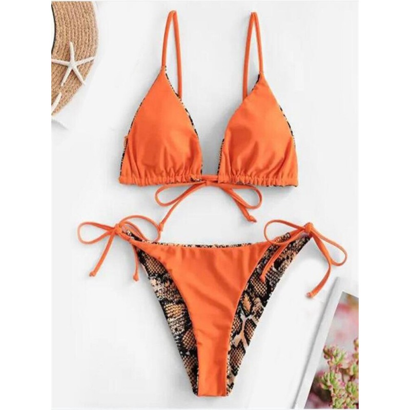 Sexy Snake Print Bikin Women Lace Up Bandage Reversible Micro Bikinis ...