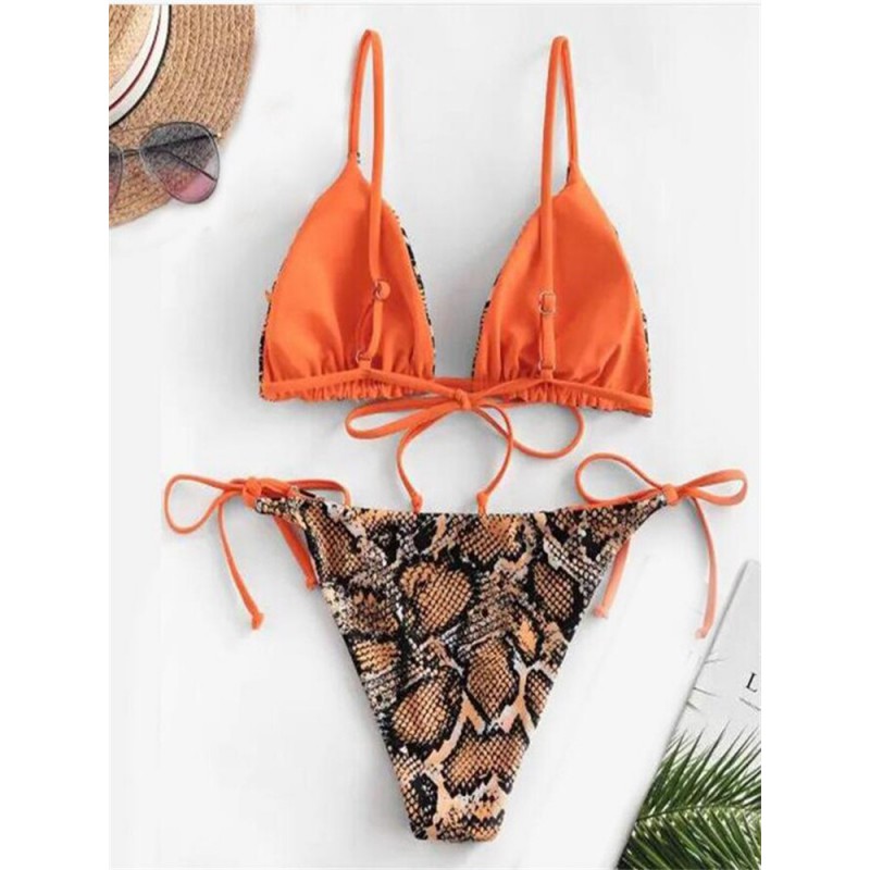 Sexy Snake Print Bikin Women Lace Up Bandage Reversible Micro Bikinis ...