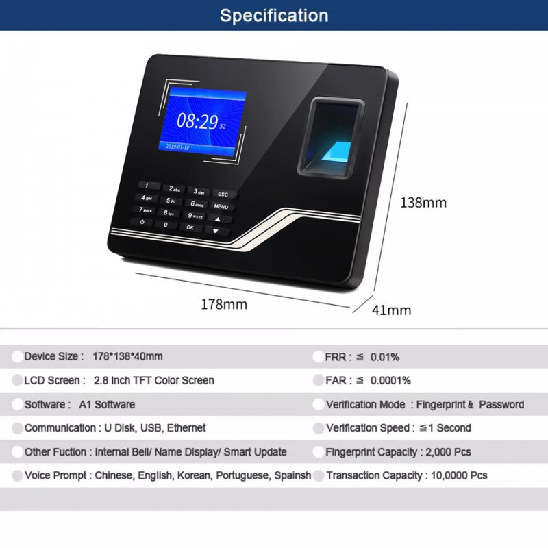 Attendance System Fingerprint TCPIP USB Password Access Control Office Time Clock Employee ...