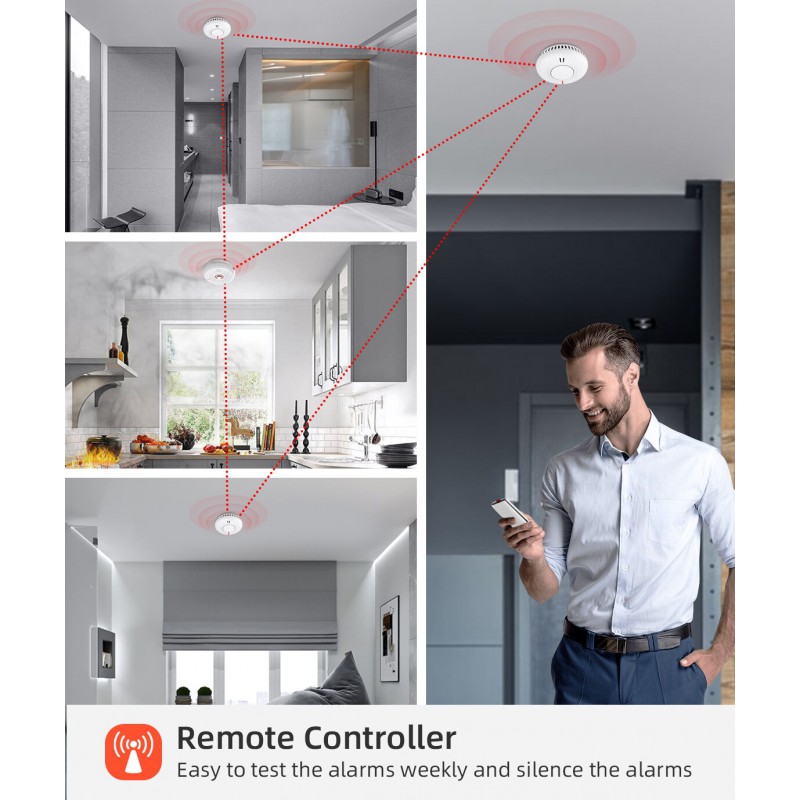 CPVAN Interconnect Smoke Detector and Heat Alarm with Remote 10 Years Life Wireless Interlink ...