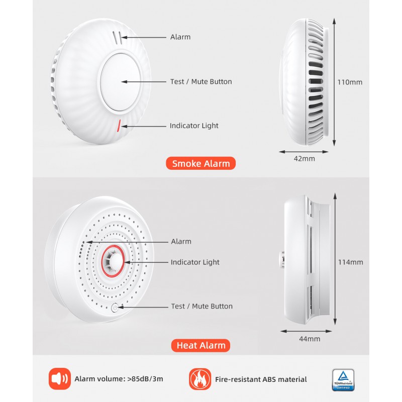 CPVAN Interconnect Smoke Detector and Heat Alarm with Remote 10 Years Life Wireless Interlink ...