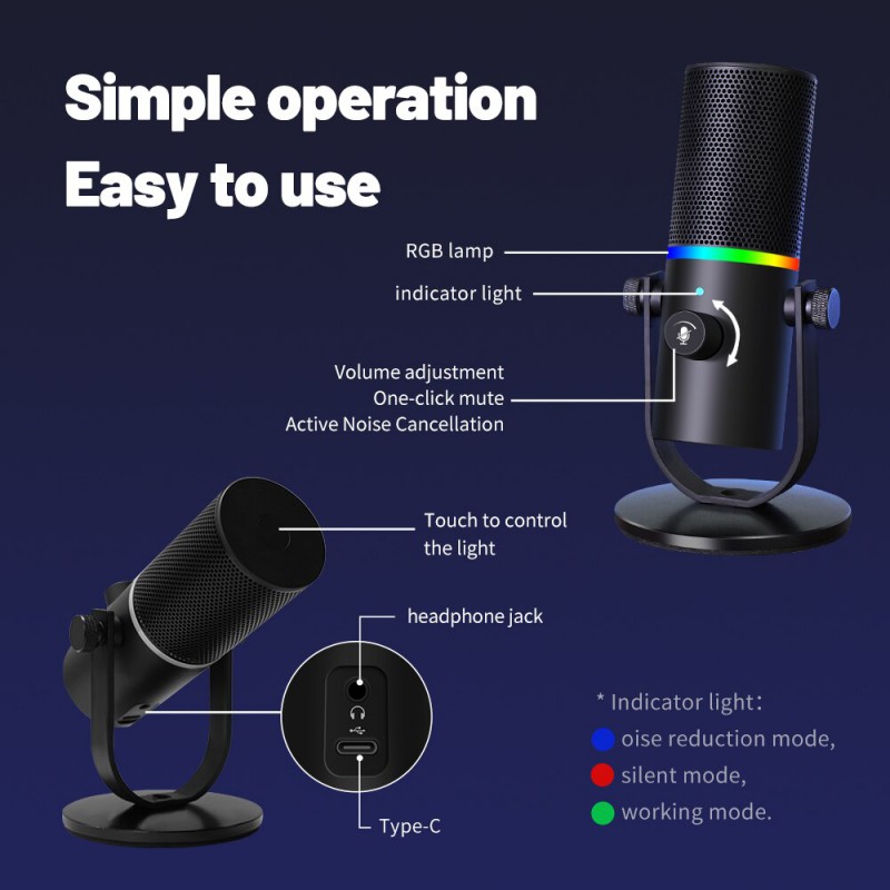YARMEE RGB USB Condenser Gaming Microphone Professional Intelligent Noise Reduction Desktop ...
