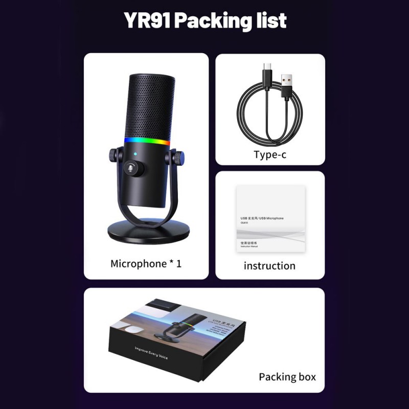 YARMEE RGB USB Condenser Gaming Microphone Professional Intelligent Noise Reduction Desktop ...