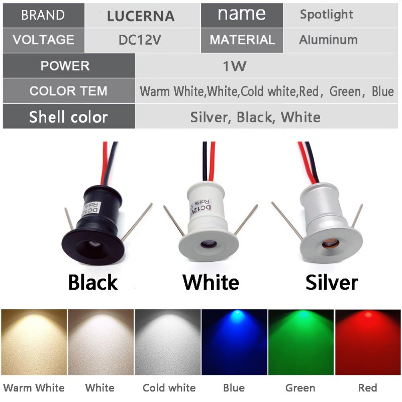 1W 12V Mini LED Downlight Dimmable Spotlight IP65 Stair Cabinet Light ...