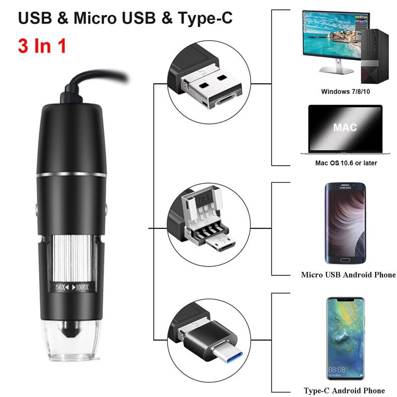 1600X 3 in 1 USB Digital Microscope Type-C Electronic Microscope Camera ...