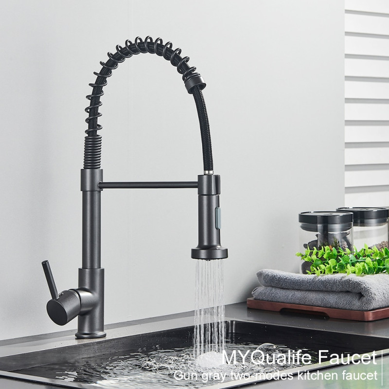 Silver Gray Kitchen Sink Faucet One Handle Spring Hot and Cold Water ...