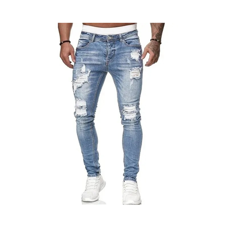 Streetwear Fashion Black Ripped Jeans Men Skinny Slim Fit Blue Hip Hop ...