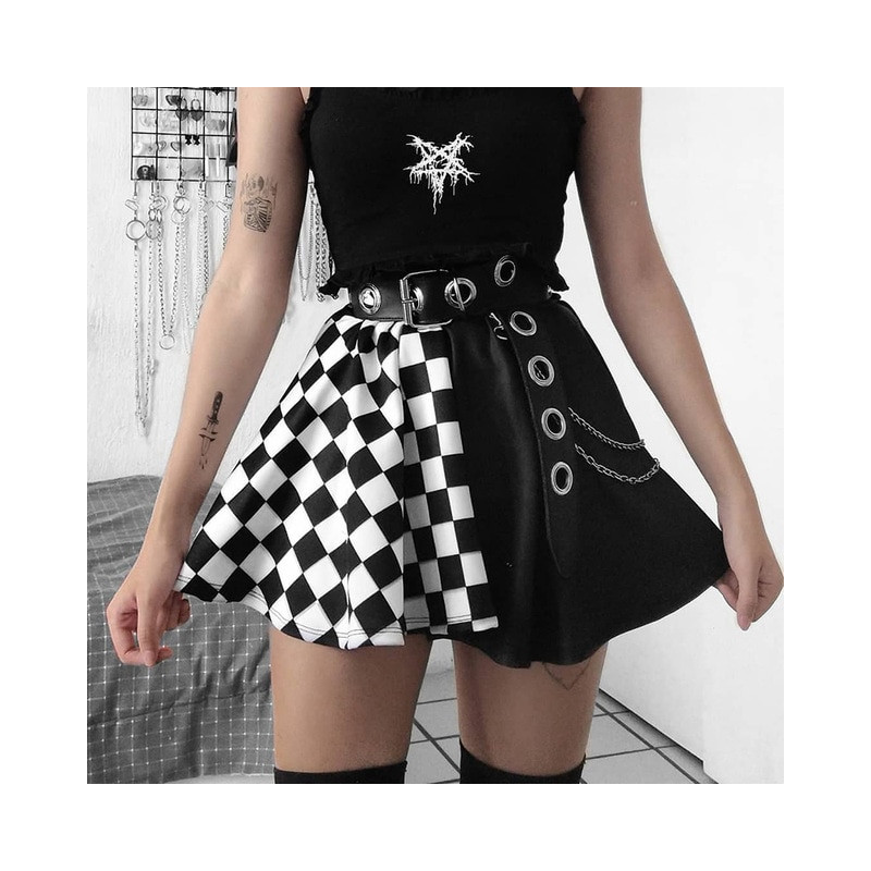 Goth Dark Plaid Pleated Skirt Black on White Contrast Patchwork Skirts ...