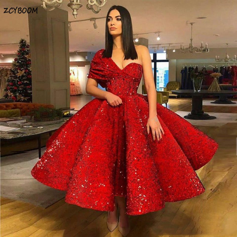 Red Ball Gown Short Prom Dresses Women Puffy Formal One-Shoulder ...