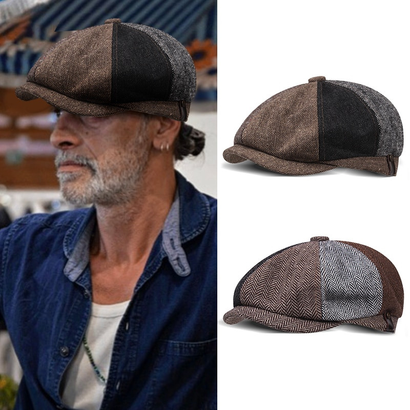 Male Herringbone Flat Caps with Brim Street Hats Peaked Octagonal ...
