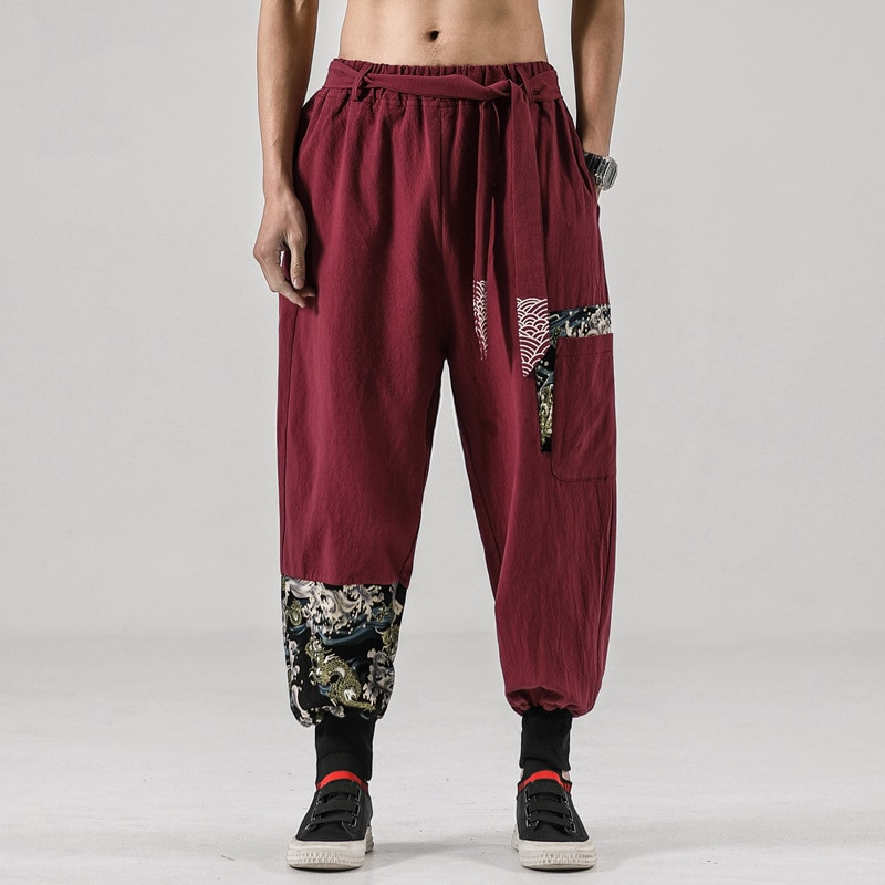 Men Cotton Linen Samurai Print Belt Retro Harem Pants Baggy Trousers Harajuku Hip Hop