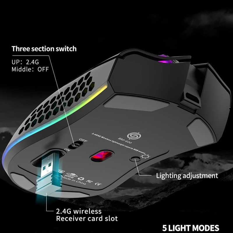 BM600 Rechargeable USB 2.4G Wireless RGB Light Honeycomb Gaming Mouse ...