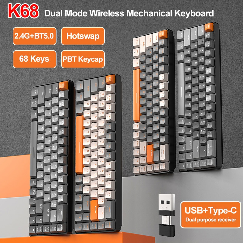 K68 2.4G/BT5.0 Wireless Gaming Mechanical Keyboard 68 Keys Hotswap Mini ...