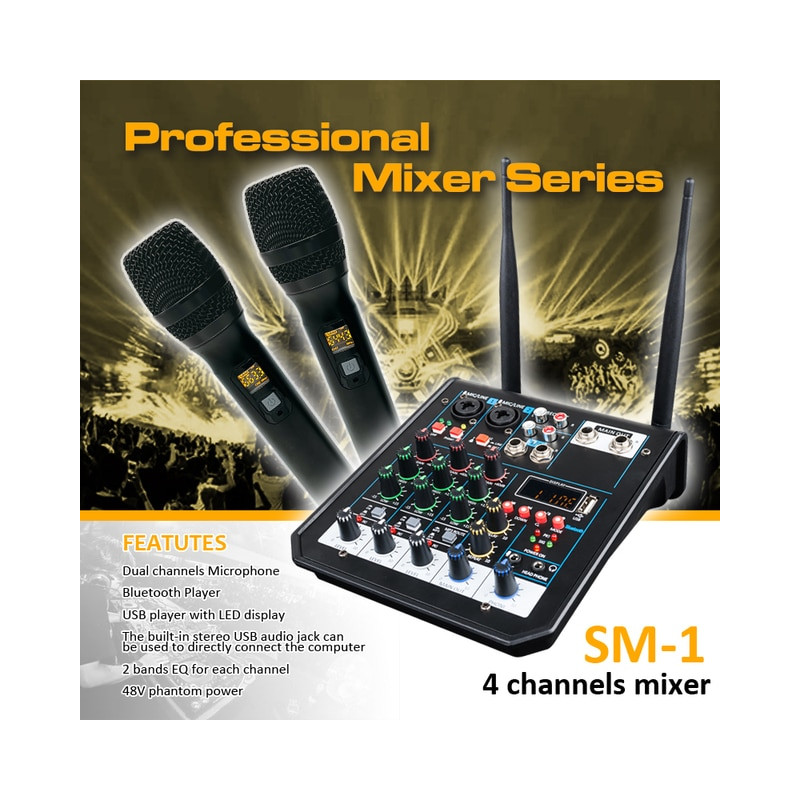 4 Channel USB Audio Mixer Wireless Microphone Studio Sound with ...