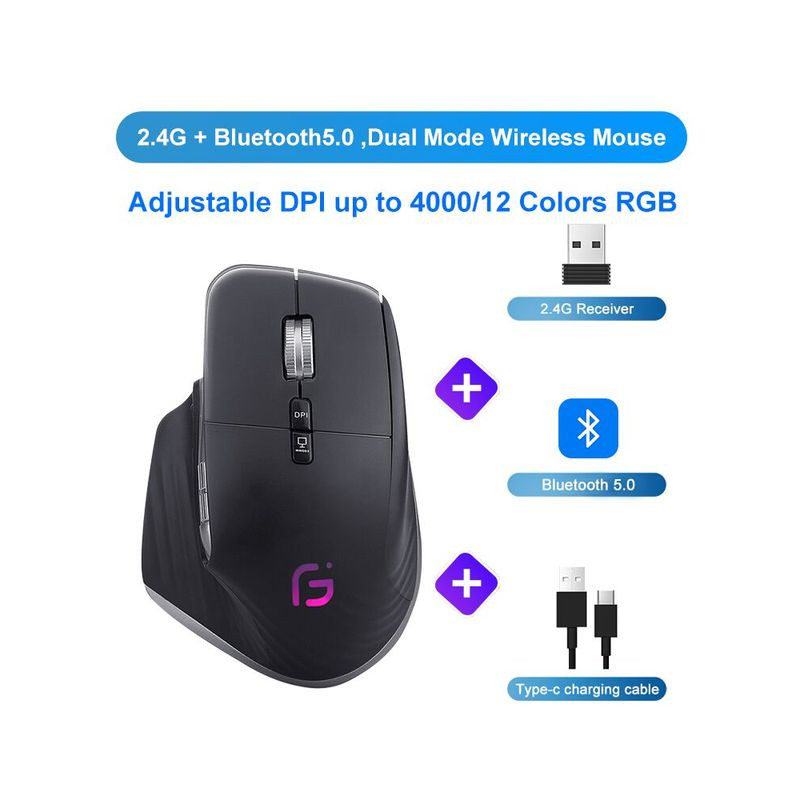 Wireless Mouse Bluetooth5.0+2.4GHz Dual Mode USB Gaming Mouse Ergonomic ...