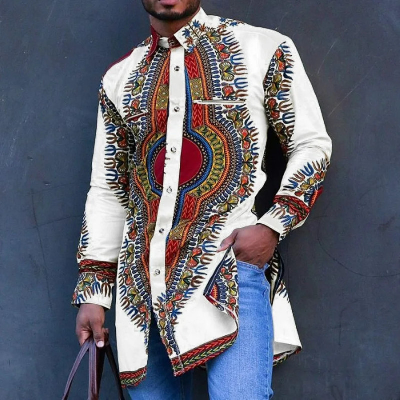 2026 Men's Clothing Stand Collar Golden Print Long Sleeve Shirt Trendy