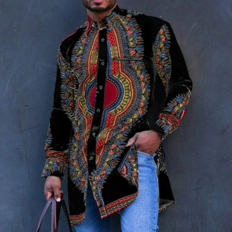 2026 Men's Clothing Stand Collar Golden Print Long Sleeve Shirt Trendy