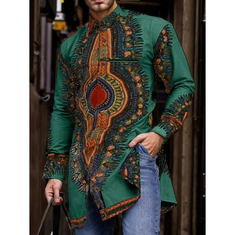 2026 Men's Clothing Stand Collar Golden Print Long Sleeve Shirt Trendy